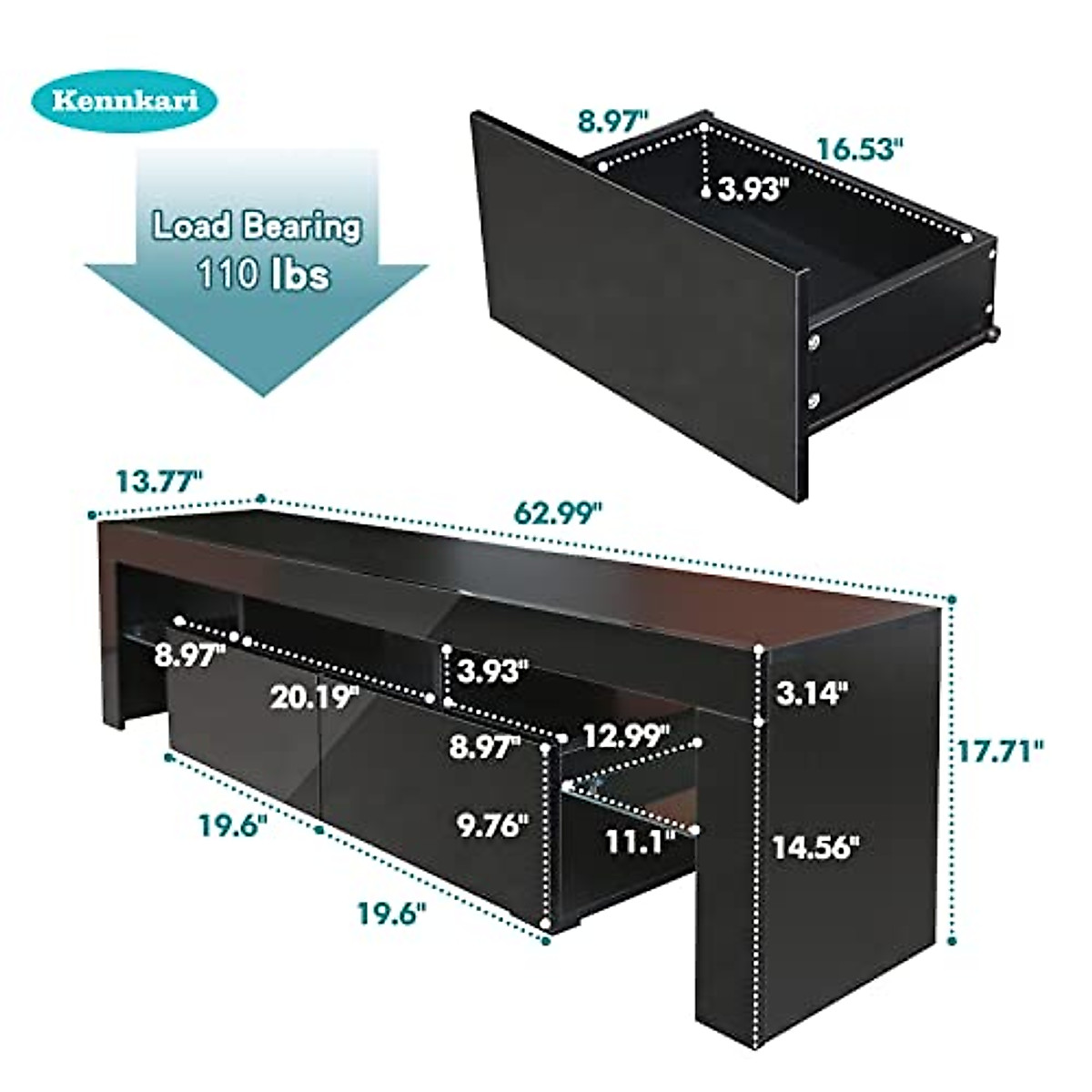 Black TV Stand with 2 Storage and 3 Open Shelves High Gloss LED TV Stand for 70 inch TV Entertainment Center TV Console Media Gaming TV Table Stands for Up 50 to 70 Inch TV Stand