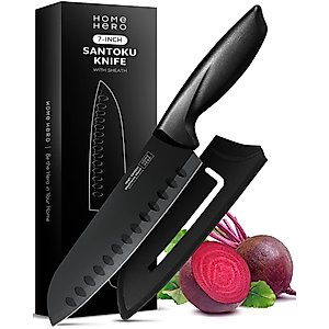Home Hero 2 Pcs Santoku Knife with Sheath - High Carbon Stainless Steel Chopping Knife with Ergonomic Handle - Razor-Sharp Multi-Purpose Kitchen Knife for Chopping Vegetable and Cooking (Black)
