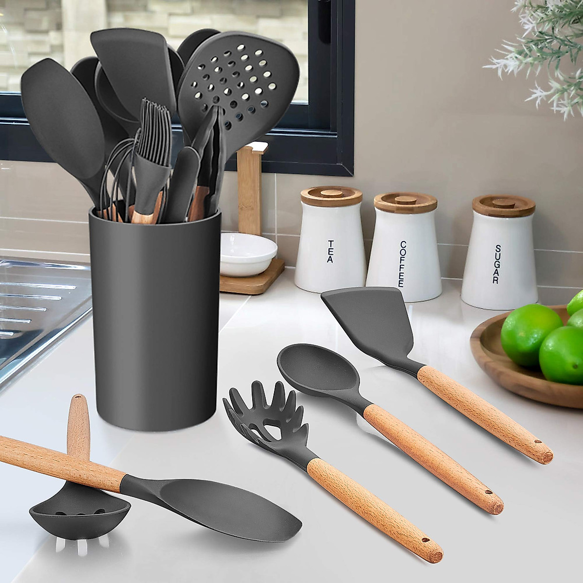 LIANYU 38 Pcs Kitchen Cooking Utensils Set with Holder, Heat Resistant Silicone Kitchen Utensil Spatula Set, Kitchen Gadgets Tools Set for nonstick Cookware Set, Wooden Handle, Grey
