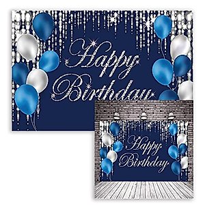 Happy Birthday Backdrop Navy Blue and Silver Happy Birthday Sign Blue Happy Birthday Banner Photo Studio Backdrop Birthday Party Supplies Photography Background for Favor Children Men Women 5x3ft