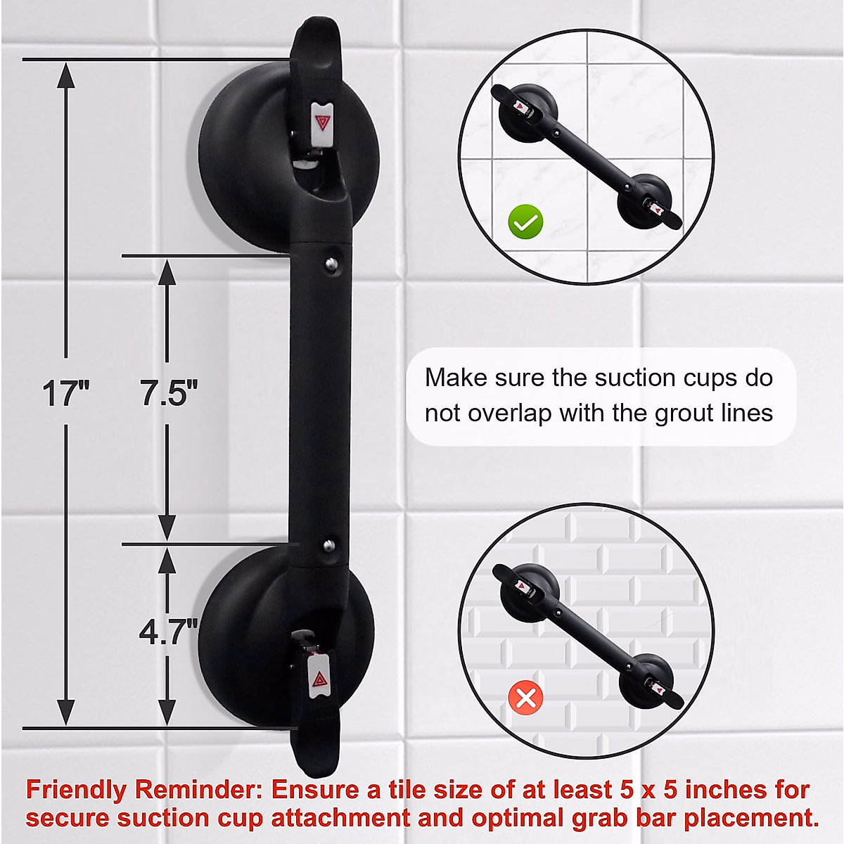 Suction Grab Bar for Shower Bathtub: Upgraded Heavy Duty Non-Slip Grip Handle with Strong Suction Cup for Bathroom Wall, Max Load 269LBS Safety Bar for Elderly Senior Disabled Handicap, 17 Inch, Black