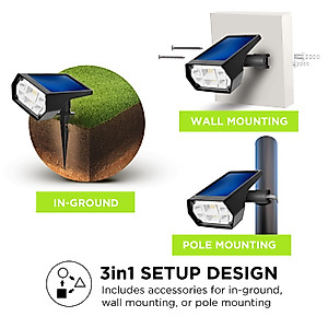 Home Zone Security Solar Spotlights - Outdoor 500 Lumen High Brightness 3500K Warm Spot Light with 3 in 1, In-ground, Wall Mount, or Flag Pole Setup Design, Black (2-Pack)