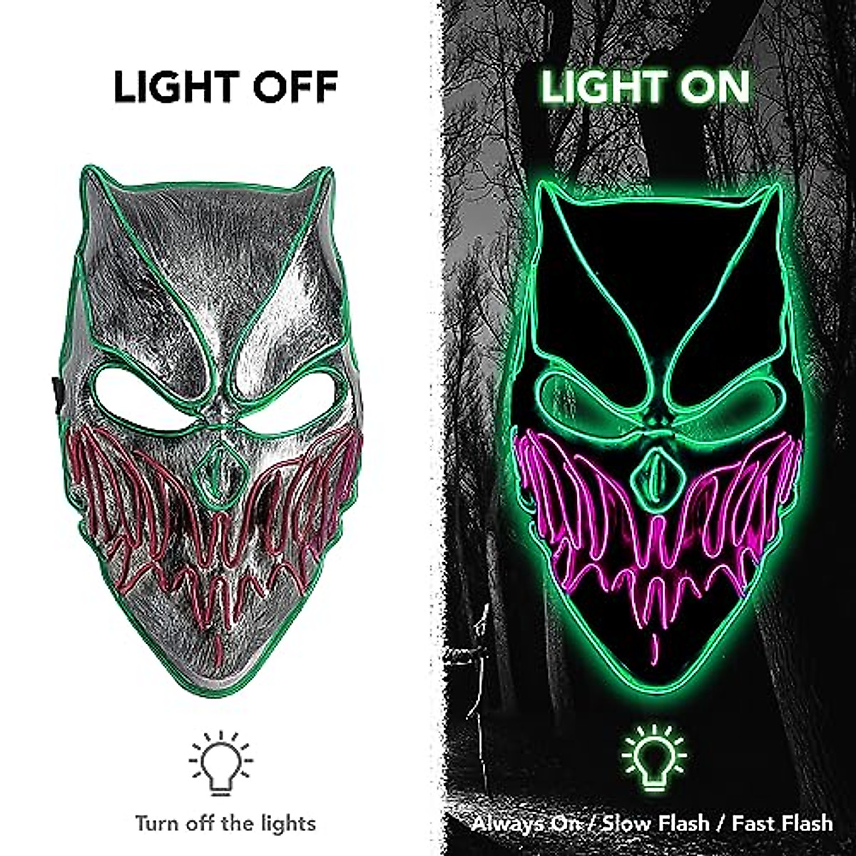 yalanle Halloween Mask LED Light Up Scary Mask Purge Mask with EL Wire 3 Flashing-Modes for Halloween Masquerade Party,Costume Cosplay,Gifts(Green & Pink)