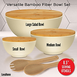 Large Bamboo Salad Bowl Set with Cutting Board Lids and Serving Utensils - Small, Medium and Big Salad Bowl with Lid - White Dish Set - Bamboo Mixing Bowls Set for Chips, Dip, Fruit, Popcorn, Parties