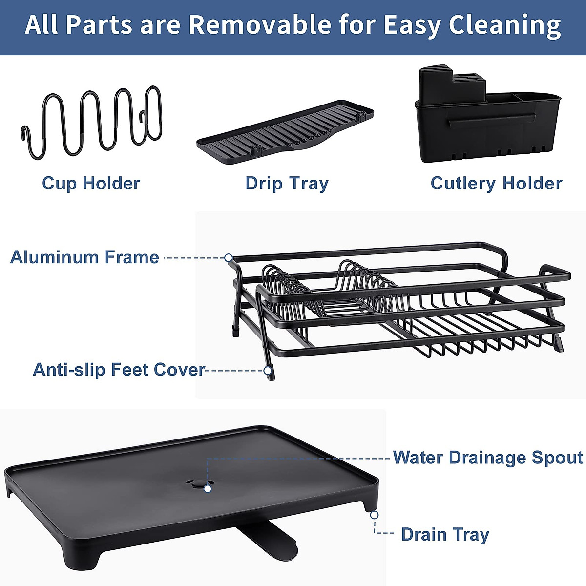[Upgraded] Aluminum Dish Drying Rack, ROTTOGOON Rustproof Dish Rack and Drainboard Set with Drainage, Utensil Holder, Cup Holder, Compact Dish Drainer for Kitchen Counter Cabinet, 16.9" x 12.2", Black
