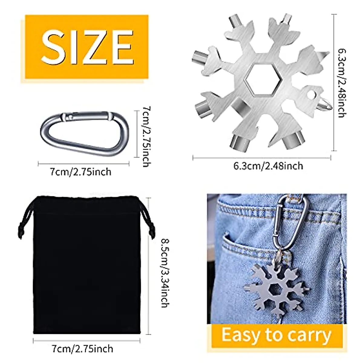 Snowflake Multitool, 5 Pieces 18-in-1 Stainless Steel Snowflake Standard Multitool, Snowflake Tool with Key Ring, Carabiner Clip and Gift Bag (Silver)