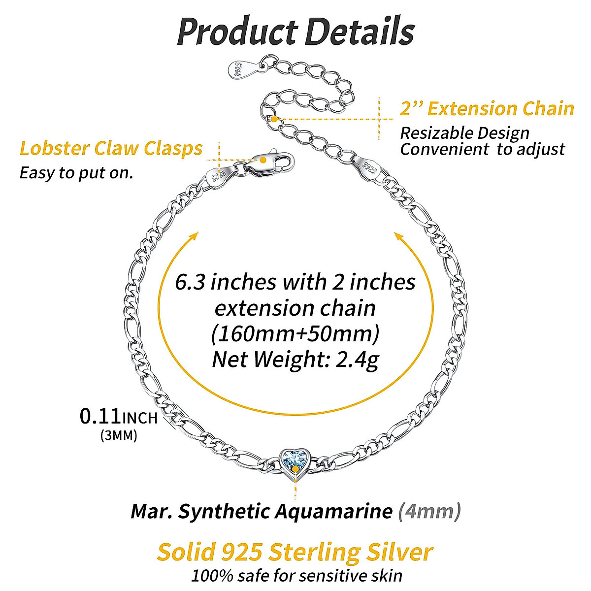 ChicSilver 925 Sterling Silver Heart Bracelet for Women Dainty 3mm Cubic Zirconia CZ Created Aquamarine March Birthstone Figaro Chain Bracelet Birthday Jewelry Gifts