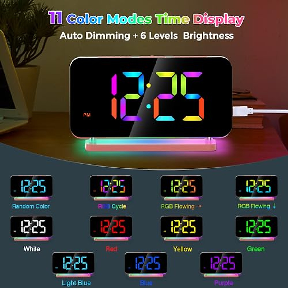 Poeroa RGB Digital Alarm Clock,7.4 in LED Desk Clock with Night Light,USB C Charger Port,Auto Dimming,Acrylic Mirror Clock for Teens Girl Adults Bedroom Decor - Pink