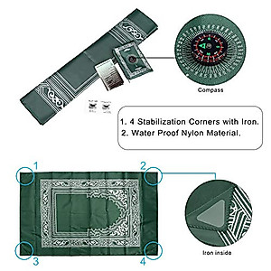 Hitopin 2 Pieces 60cm*100cm Travel Prayer Mat with Compass, Portable Polyester Prayer Rug, Islamic Waterproof Prayer Mat, for Ramadan Gifts, Islamic Prayer (Green, Black)