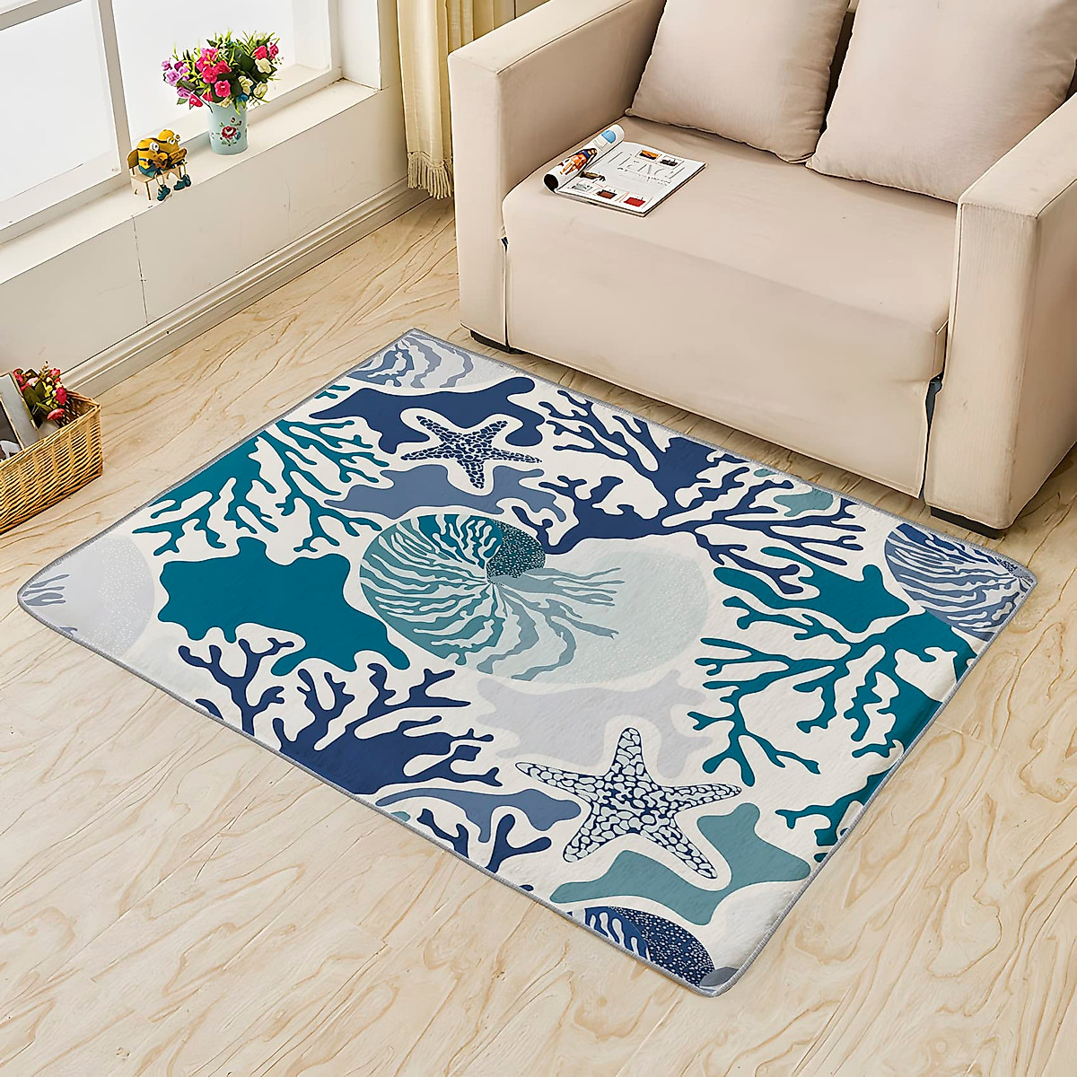 ZDABAOEC Coastal Rug, 2x3 Rug, Ocean Nautical Area Rugs for Bedroom Living Room, Beach Theme Coral Starfish Patterned Small Rug, Washable & Non Slip Indoor Floor Carpet Home Decor