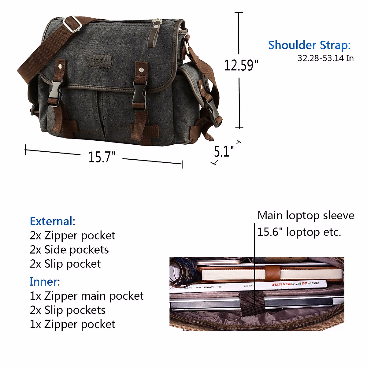[Upgraded] Vintage Canvas Messenger Bag Large Book Laptop Shoulder Bag Women Men New