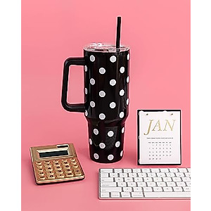 Kate Spade New York 40 Ounce Tumbler with Handle and Straw, Double Wall Stainless Steel Insulated Tumbler, Cupholder Friendly 40 oz Cup, Black Metal Tumbler for Hot or Cold Drinks, Picture Dot