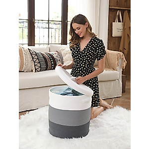 16" x 16" x 18" Extra Large Storage Basket with Lid, Cotton Rope Storage Baskets, Laundry Hamper, Cloth Bin, for Clothes Towels Blankets Pillows Storage in Living Room, Grey/Dark Grey with Cover