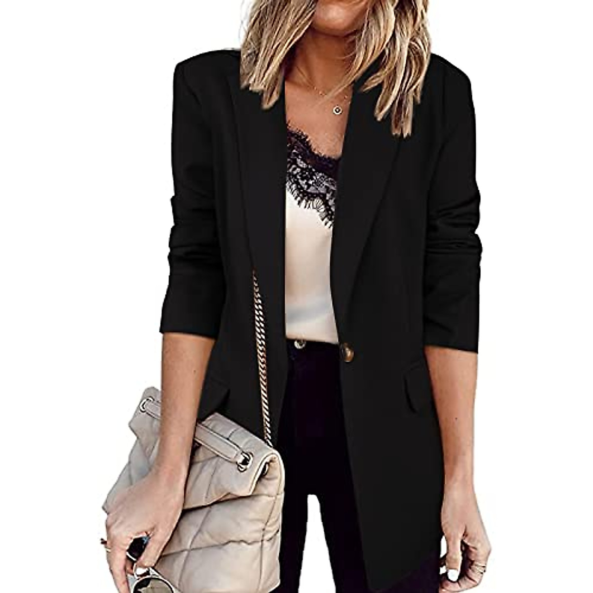 Newffr Women's Casual Blazer Long Sleeve Open Front Work Office Jacket with Pockets (as1, Alpha, s, Regular, Regular, Black)