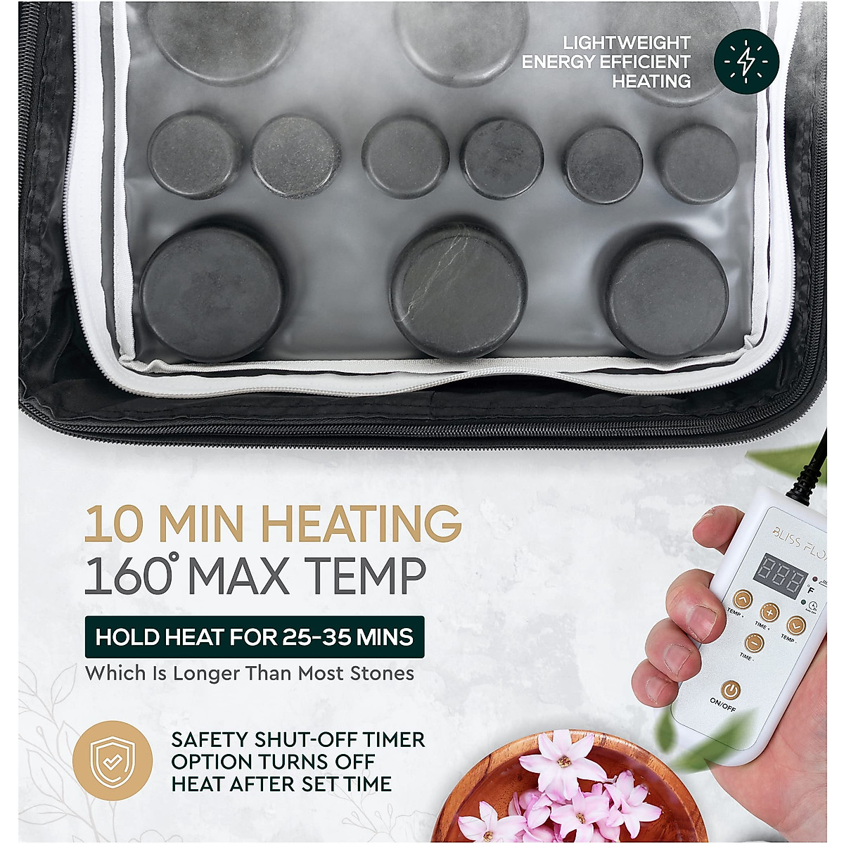 BlissFlow Massage Stone Warmer Set - Portable Heater Travel Carrying Bag - 12 Basalt Massage Heating Stones - Electric & Digital Control Stone Warmer