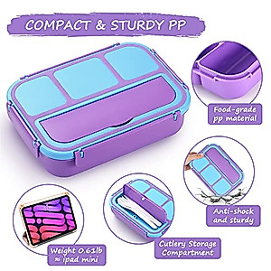 QQKO Bento Lunch Box for Kids Girls Boys, Toddler Kids Lunch Boxes for School, Lunch Containers for Adults Kids with 4 Compartments, Sauce Container, Utensils, Food Picks and Muffin Cups, Purple