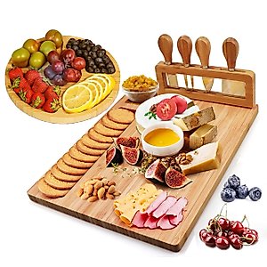 Cheese Board and Knife Set,Bamboo Charcuterie Board Set with Round Tray,Cheese Platter Serving Tray,Cheese Plate Set,Perfect, Birthday，Housewarming