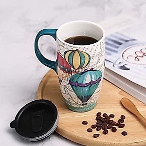 TZSSP Coffee Ceramic Mug Porcelain Latte Tea Cup With Lid 17oz. Balloon