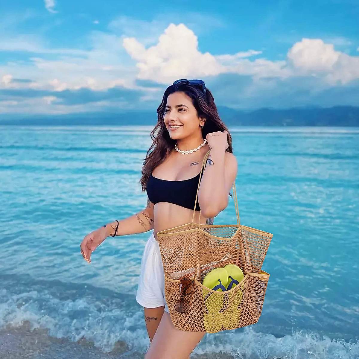 Tainehs Mesh Beach Tote Large Bag Shopping bags Grocery bag 2023 Upgrade for Women with Multiple Pockets for Family Travel Swimming Waterproof Pool Bag Khaki