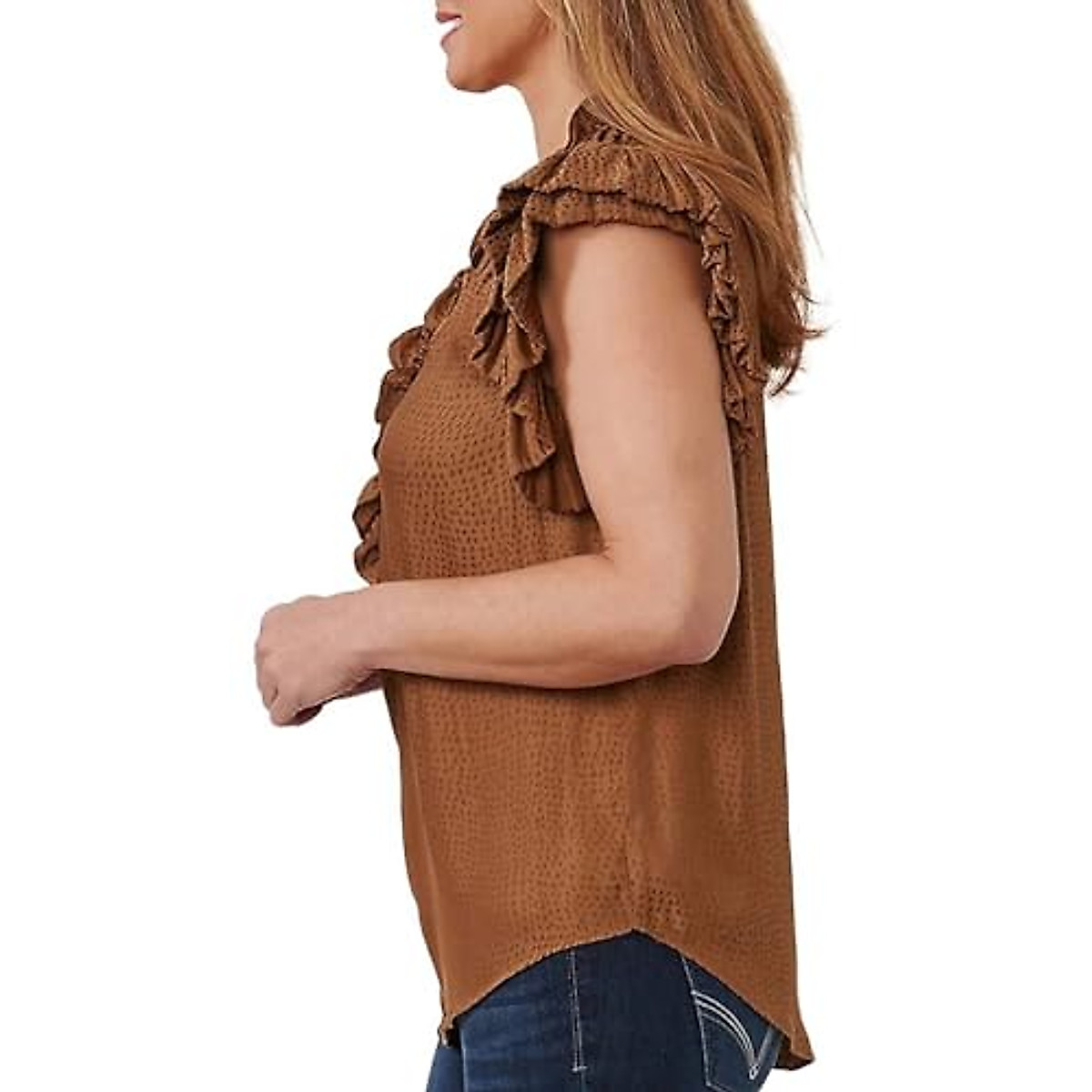 Democracy Womens Double Ruffle Cap Sleeve Half Placket Woven Top Large Toasted Acorn