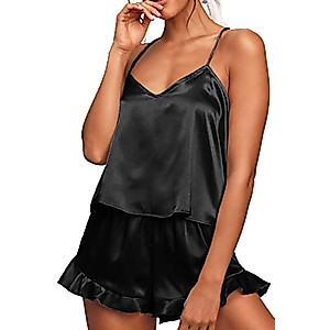 CHYRII Women's Sexy Ruffled Silk Satin PJS Racerback Cami Tops Shorts 2 PCS Pajamas Sets Nightwear Black M