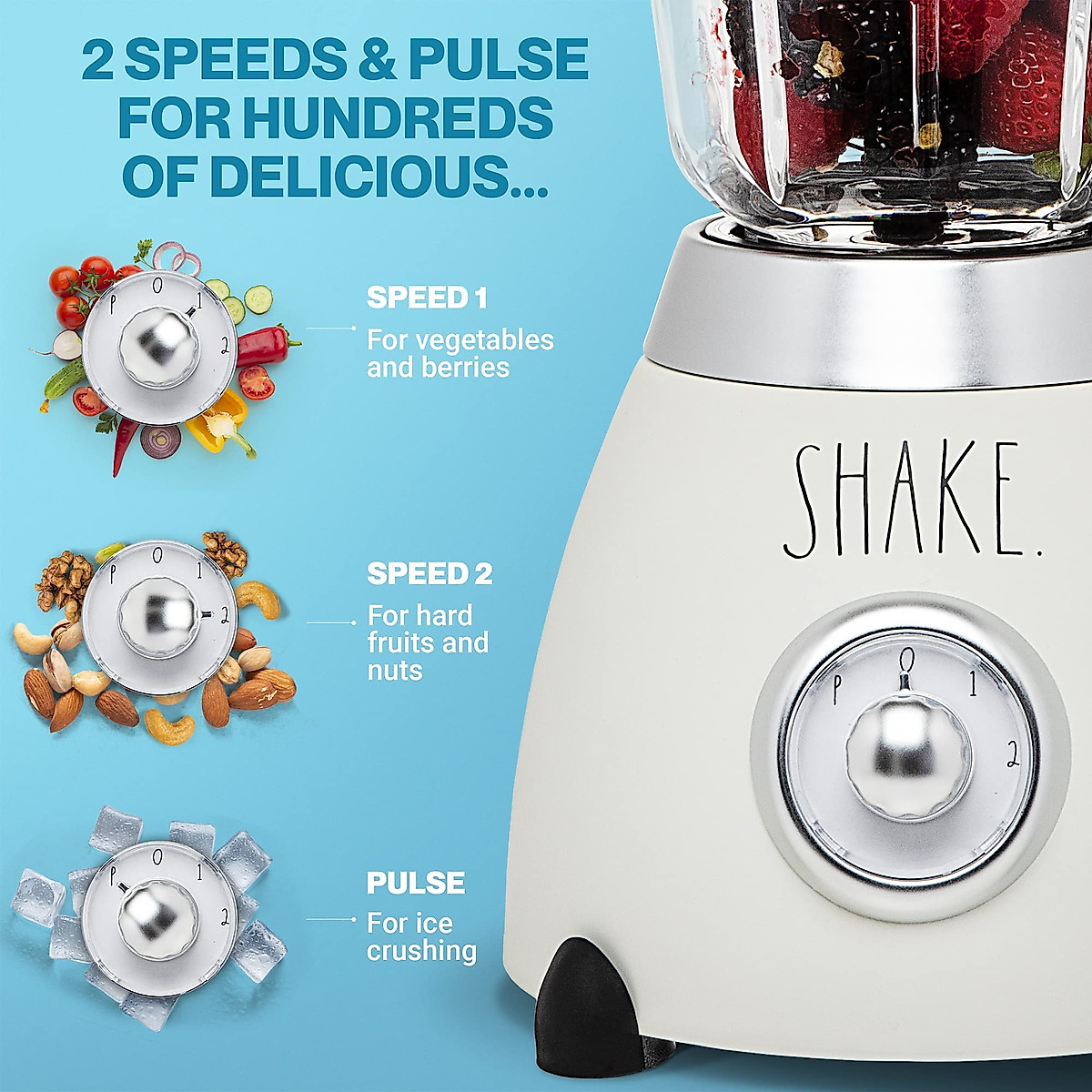 Rae Dunn Table and Countertop Blender- 2 Speed Blender with 1.5 L Glass Container and Lid, 500 W Shake and Smoothie Maker, Juice Blender with 6 Blades (Cream)