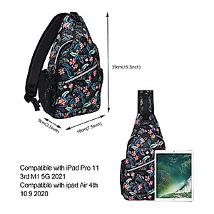 MOSISO Sling Backpack,Travel Hiking Daypack Pattern Rope Crossbody Shoulder Bag, Navy Blue Base Totem Texture&Lychnis