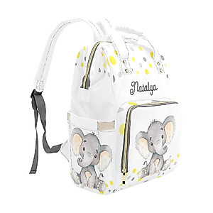 Liveweike Yellow Dot Elephant Grey Personalized Diaper Bag Backpack Custom Name Daypack Large Mommy Bag for Teen Girl Boy Student