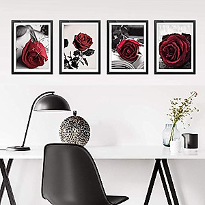 FWK Modern Black And White Photo Wall Art Red Rose Wall Art Paintings Set of 4 Rosy Floral Photo Decor for Bedroom Living Room Home Decor Gift Frameless (8 inchX10 inch Canvas Picture)