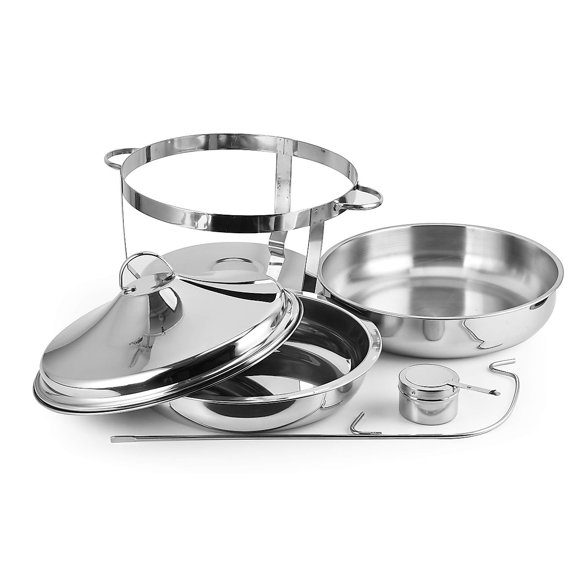 6 Qt Round Chafing Dish With Hanger Stainless Steel Chafer Set And Apron, Buffet Food Warmer Durable, Shiny Silver, Keeps Food Warm In All Catered Events