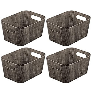 mDesign Wood Print Food Bin Box with Handles - Rustic Basket for Kitchen and Pantry Vegetable and Potato Storage - Perfect for Garlic, Onions, Fruit, and More - 12" Long - 4 Pack - Black