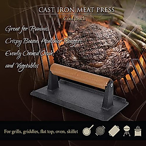 HUMOS Pre Seasoned Cast Iron Meat Press Cool Touch Wooden Handle 8”x4” Heavy Duty for Paninis, Crispy Bacon, Evenly Cooked Steak, Healthier Burgers, Sandwiches and Vegetables