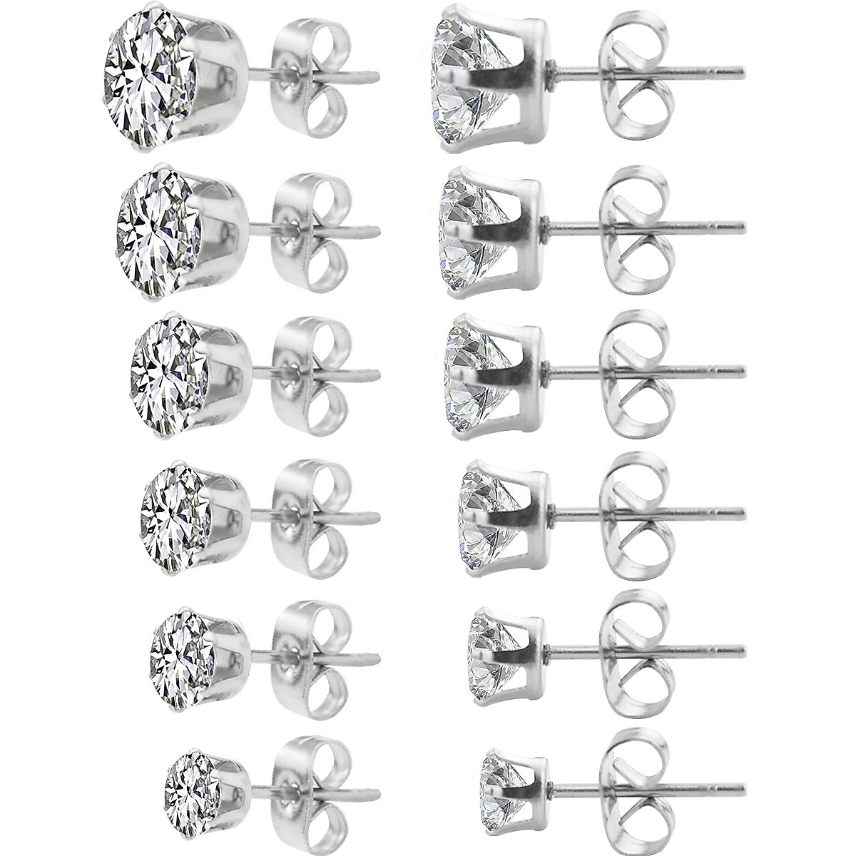 HOVEOX 6 Pairs Alloy Womens Stud Earrings Round Clear Cubic Zirconia Inlaid Simulated Diamond Rhinestone Hypoallergenic Pierced Jewelry CZ Studs 0.1 inch-0.3 inch for Unisex Teens and Women, Silver