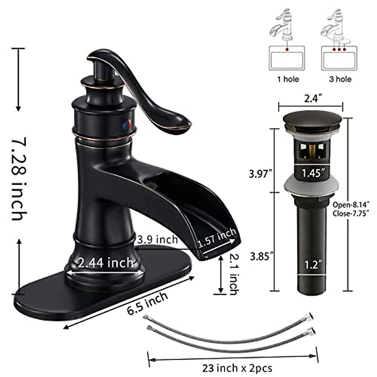 Waterfall Bathroom Faucet Oil Rubbed Bronze Sink with Pop Up Drain Stopper Faucets Single Hole Rustic Vanity Farmhouse Overflow One Handle Bath Black Commercial Assembly Lead-Free by Homevacious