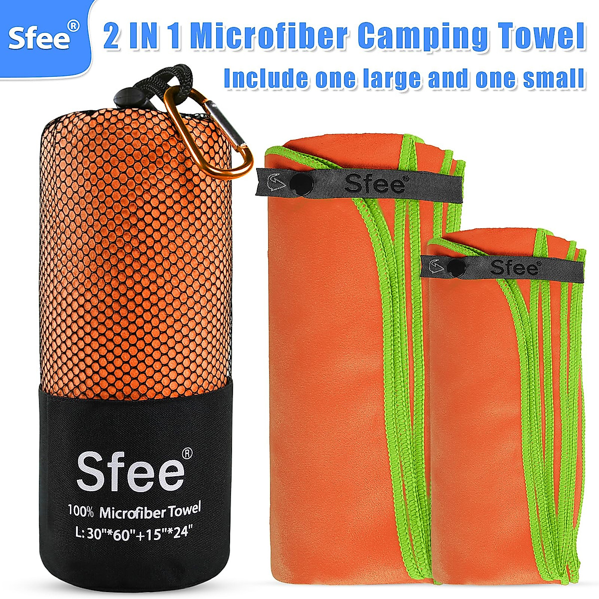 Sfee 2 Pack Microfiber Travel Towel, Quick Dry Towel Camping Towel Large Beach Towel Super Absorbent Compact Lightweight Sports Towel Gym Towel for Beach, Gym, Hiking, Pool, Backpacking, Bath, Yoga