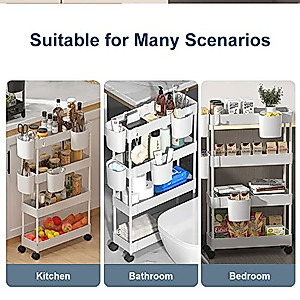 VANDHOME 4-Tier Slim Storage Utility Rolling Cart with Wheels Multifunction Organizer Slide Out Trolley Cart for Kitchen Bathroom Narrow Places with Hanging Cups Dividers - White