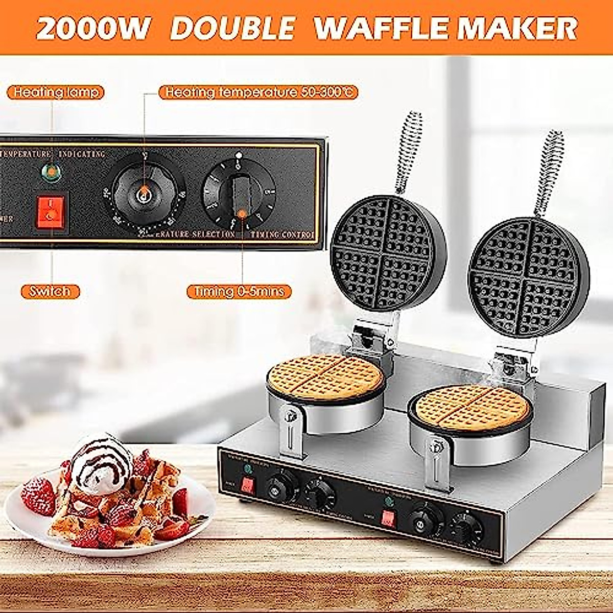 RUYICZB Waffle Maker Commercial Electric Waffle Machine Stainless Steel Non-stick Double Head Egg Bubble Waffle Furnace for Bakery, Restaurant, Snack Bar or Household, 2000W