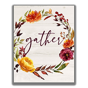 Fall or Thanksgiving ‘Gather’ No.16 Wall Art Print - 11x14 UNFRAMED Watercolor Home Decoration Picture Perfect for Farmhouse, Rustic, Vintage, Cottage, Country Decor.