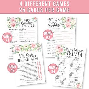 Hadley Designs Floral Baby Shower Games For Girls - 50 cards, Two 25-game sets, 4 Games Double Sided, Baby Prediction And Advice Cards, Baby Trivia, True Or False Baby Game, Baby Word Scramble Game