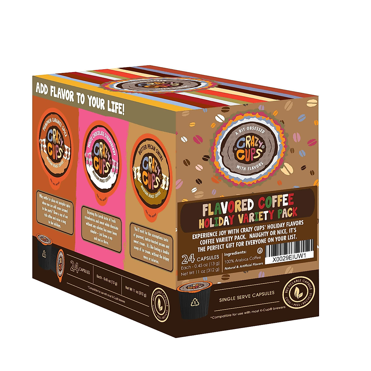 Crazy Cups Flavored Medium Roast Hot or Iced Coffee, Variety Recyclable Pods for Keurig K Cup Brewers, 24 Count