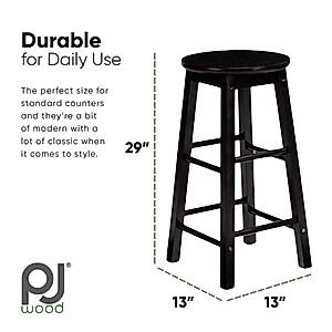 PJ Wood Classic Round Seat 29 Inch Tall Kitchen Counter Bar Stools with 4 Square Legs for Homes, Dining Spaces, and Bars, Black (2 Pack)