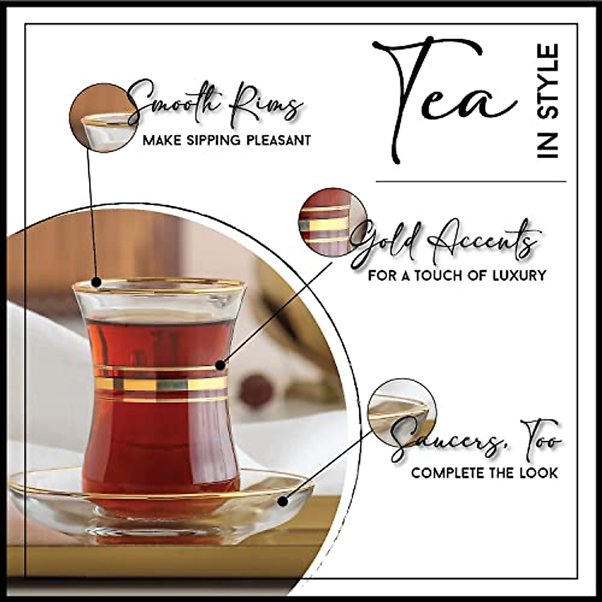 Vikko Turkish Tea Glasses & Saucers, 4 Oz Authentic Turkish Tea Cups,Set of 6 Clear Glass Tea Cups And Saucers, Gold Accented Turkish Tea Cup Set, 6 Cups and 6 Plates