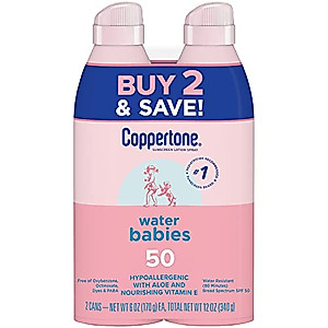 Coppertone WaterBabies Sunscreen Spray, SPF 50 Baby Sunscreen, Spray On Sunscreen, 6 Oz, 2 Pack