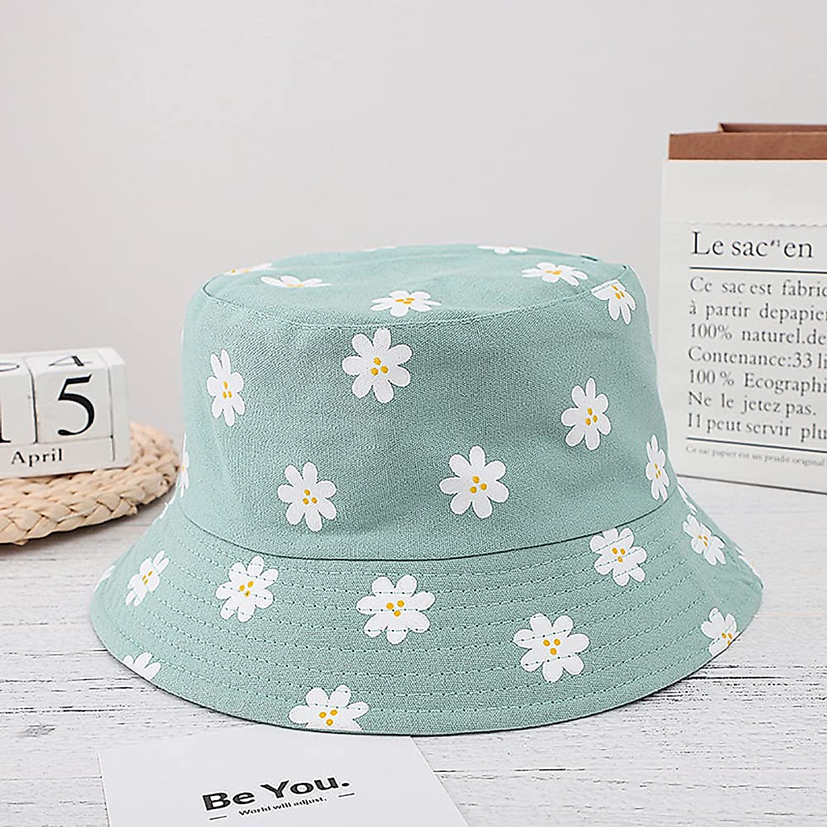XYIYI Flower Green Bucket Hat Fashion Beach Fisherman Hats for Women, Reversible Double-Side-Wear
