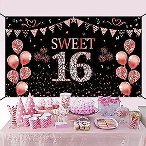 Trgowaul Sweet 16 Birthday Decorations for Girls,Rose Gold Sweet 16 Photo Backdrop Banner, Sixteen Birthday Party Sign Photography Supplies, Pink Sweet 16 Decorations Poster Background Decor