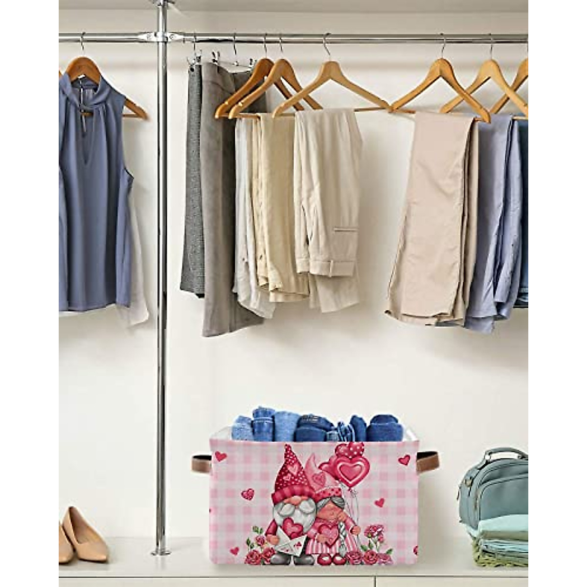 Valentine's Day Gnomes Storage Bins Shelf Baskets, Collapsible Cube Basket with Handles, Pink Plaid Love Heart Roses Waterproof Organizer for Toys/Closet/Blanket 15"x11"x9.5", 1 Pack