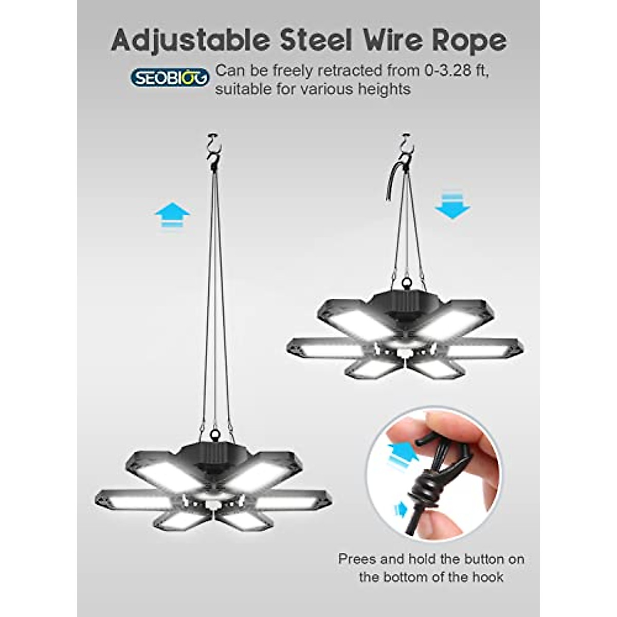 SEOBIOG 2 Pack Plug in Garage Light, Upgraded 200W 20000LM Linkable LED Shop Light, 6500K Ceiling Lights w/ 6 Deformable Panels for Garage, Warehouse, Barn, Basement (Built-in ON/Off Switch)