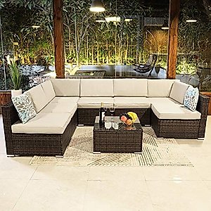 YITAHOME 8 Piece Outdoor Patio Furniture Sets, Garden Conversation Wicker Sofa Set, and Patio Sectional Furniture Sofa Set with Coffee Table and Cushion for Lawn, Backyard, and Poolside, Brown