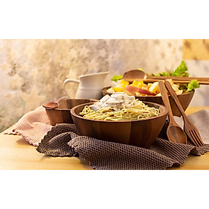 Large Acacia Wood Nesting Round Set 3 Serving Bowls 9½” 8½” 7” with Utensils Wooden Forks and Spoons Mix size Stackable Dish for Fruit Salad Vegetables Pasta Soup Cereals Decorative Wooden Nest Bowl