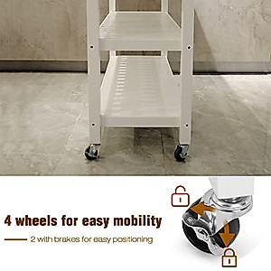 Unovivy Kitchen Island on Wheels, 3 Tier Kitchen Cart with Storage Drawer, 2 Shelves & Towel Rack, Rolling Kitchen Island with Wood Tabletop, Simple Design Mobile Island Table for Kitchen, White